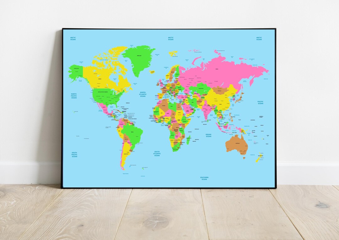 Detailed World Map With Capital Cities Wall Art Educational Geography ...