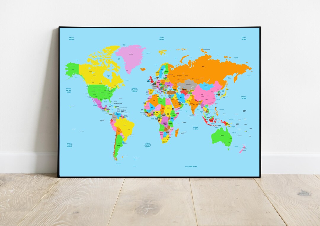 Detailed World Map With Capital Cities Geography Wall Art Modern Office ...