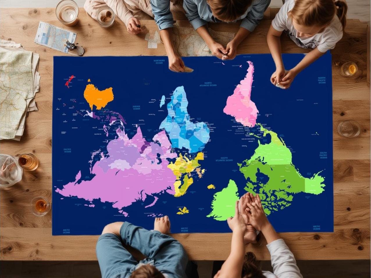 Upside Down World Map With Countries and Capital Cities Poster, Pastel ...