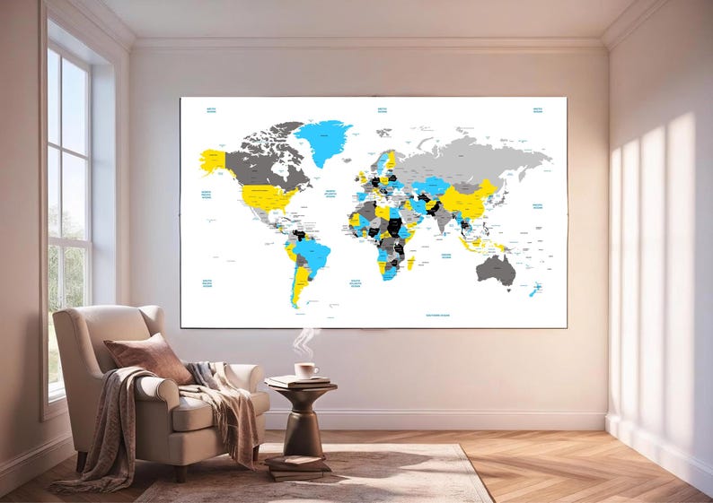 Detailed World Map With Countries and Capital Cities Poster - Etsy