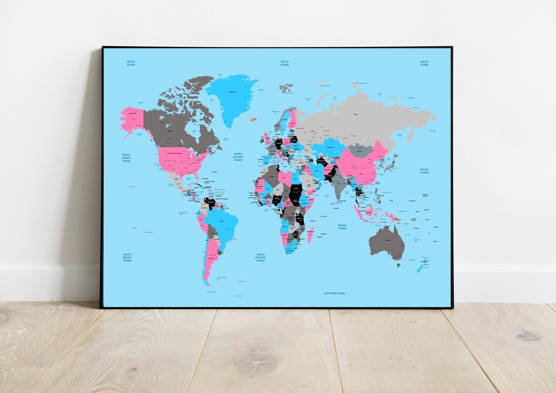 Large World Map Wall Art - Detailed Countries and Capital Cities Poster ...