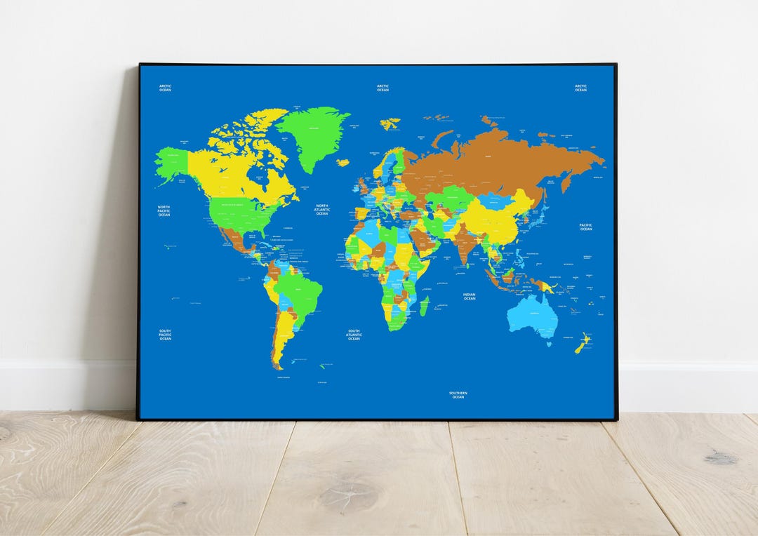 Large World Map Wall Art - Detailed Countries and Capital Cities Poster ...