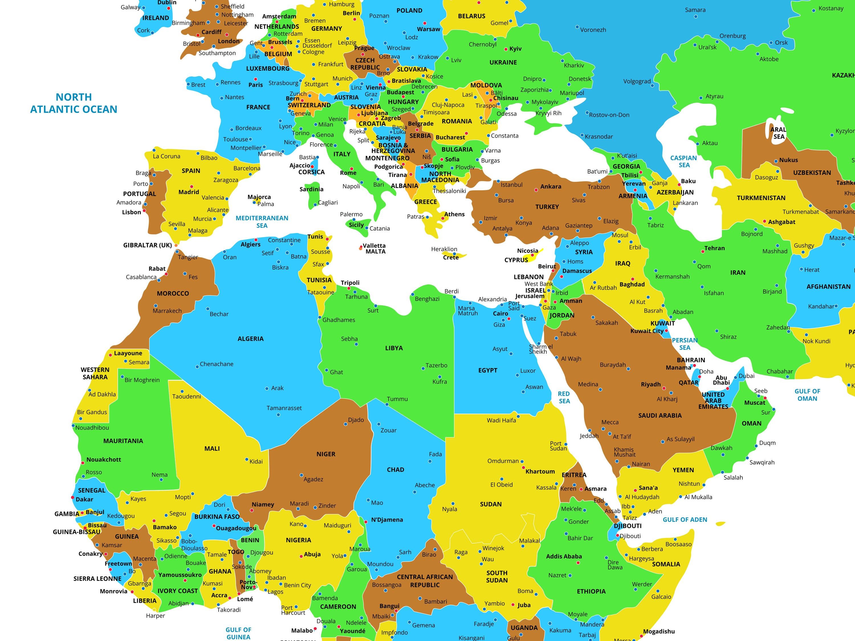 Large Detailed Map of Europe and Africa, Colourful Country Map Home ...