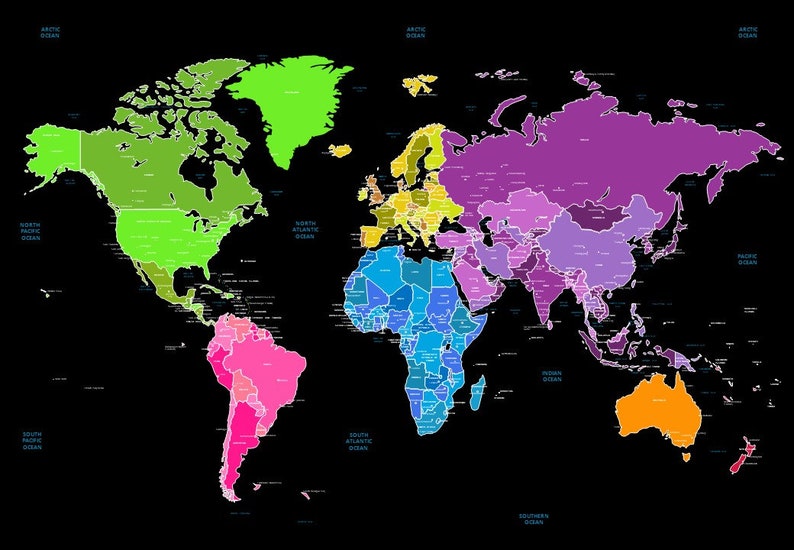 World Countries Map, Kids Bright Educational Poster, Large Colourful ...