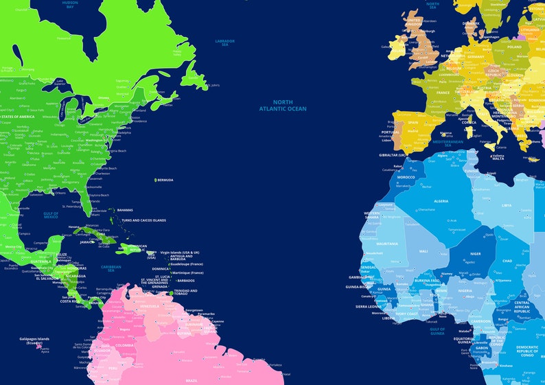 Large Map of North America, South America, Europe and Africa, Detailed ...