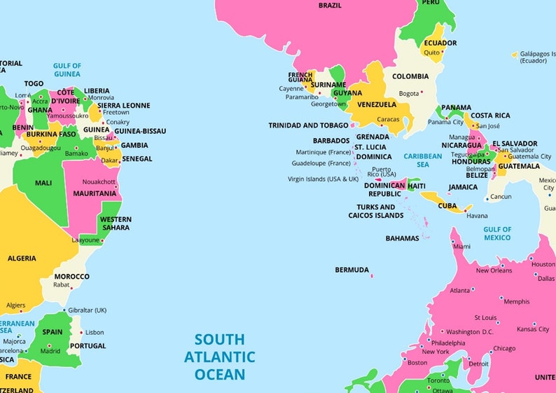 Upside Down World Map With Countries, Kids Bright Educational Poster ...