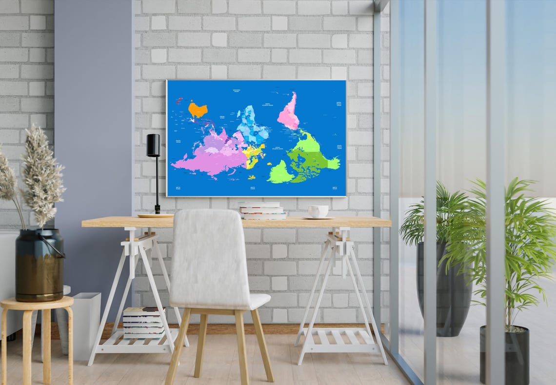 Upside Down World Map With Countries, Bottom-up Capital Cities Poster, South-up Educational ...