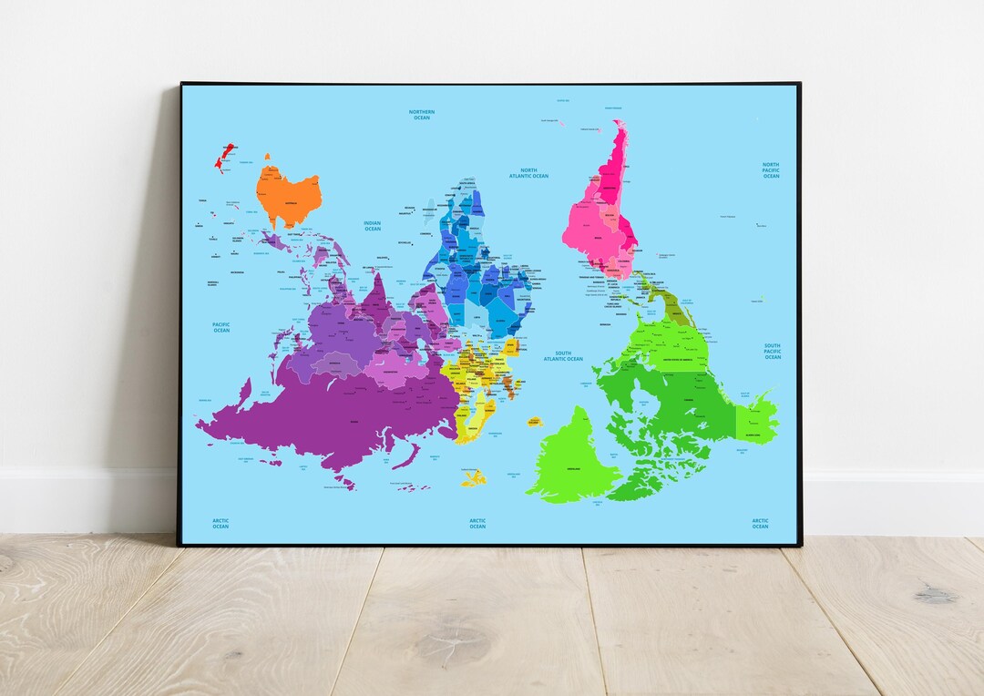 Upside Down World Map Wall Art Educational Decor Teacher Gift Unique ...
