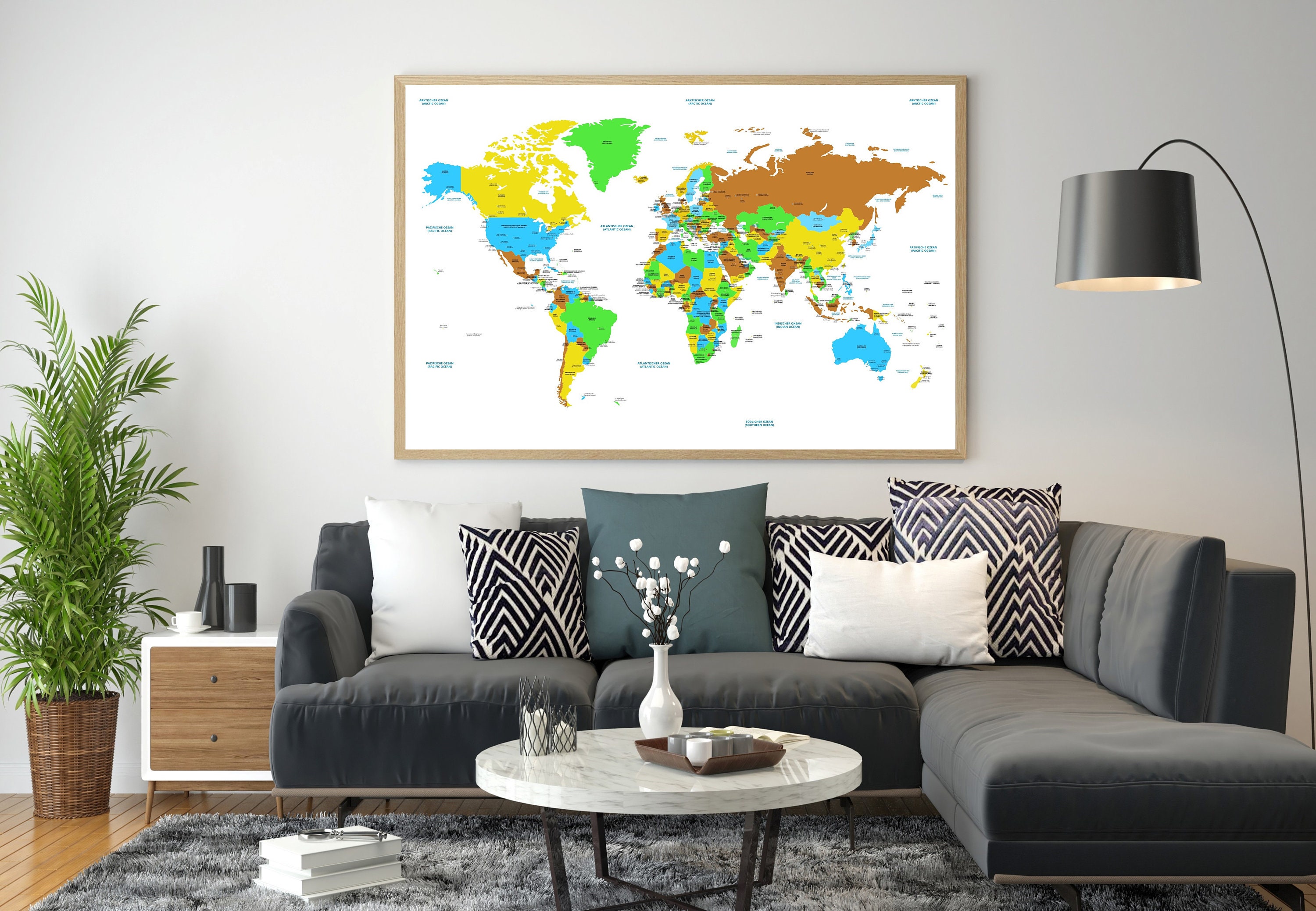 German English World Map, World Wall Map, German Translation, Deutsch ...