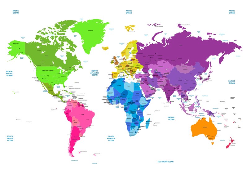 Detailed World Map With Capital Cities, Wall Art Educational Décor ...