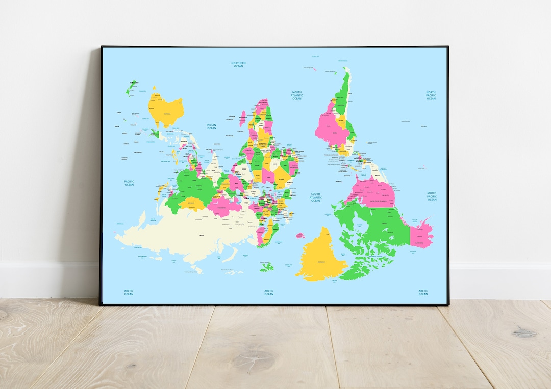 Upside Down World Map With Countries, Kids Bright Educational Poster ...