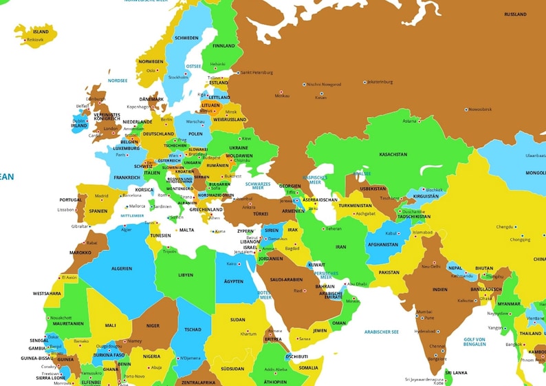 German Language World Map With Countries, Weltkarte in Deutscher ...