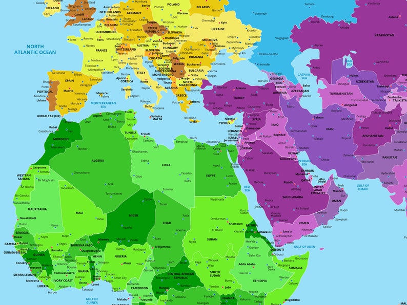 Large Detailed Map of Europe and Africa Colourful Country Map - Etsy UK