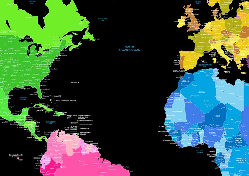 Large Map of North America, South America, Europe and Africa, Detailed ...