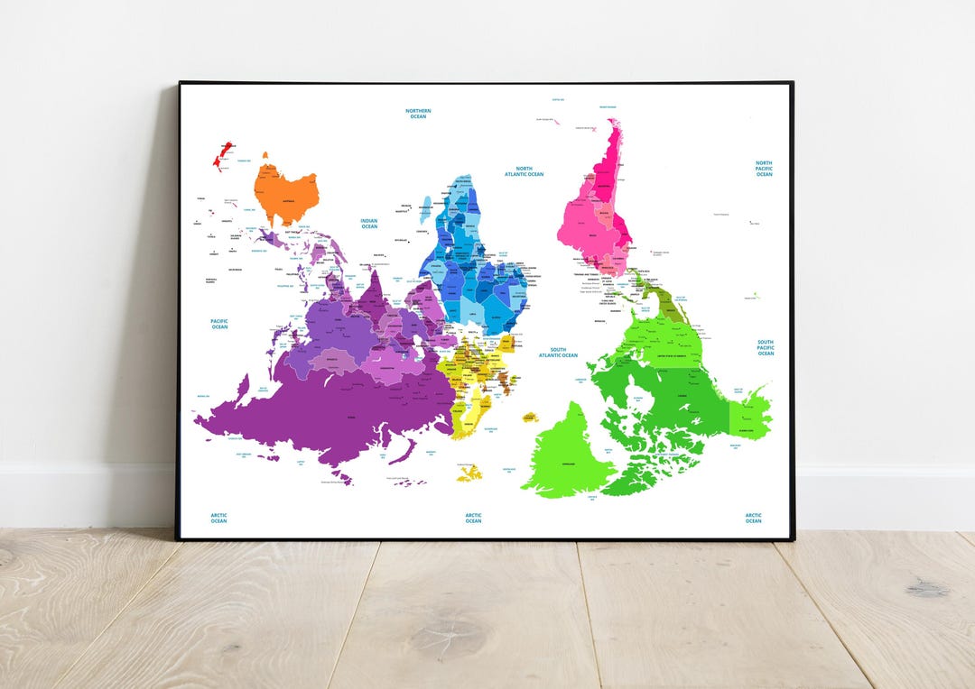 Upside Down World Map With Countries, Bottom-up Capital Cities Poster ...