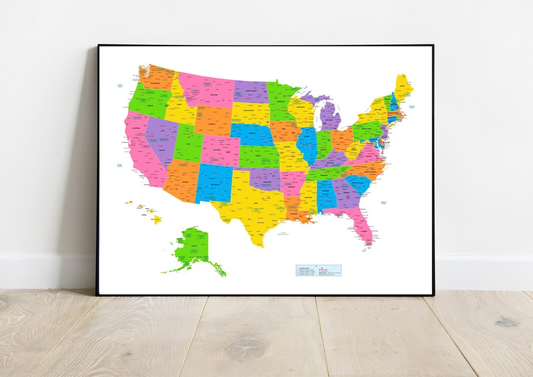 Detailed Map of United States of America, Largest US Cities, USA Print ...