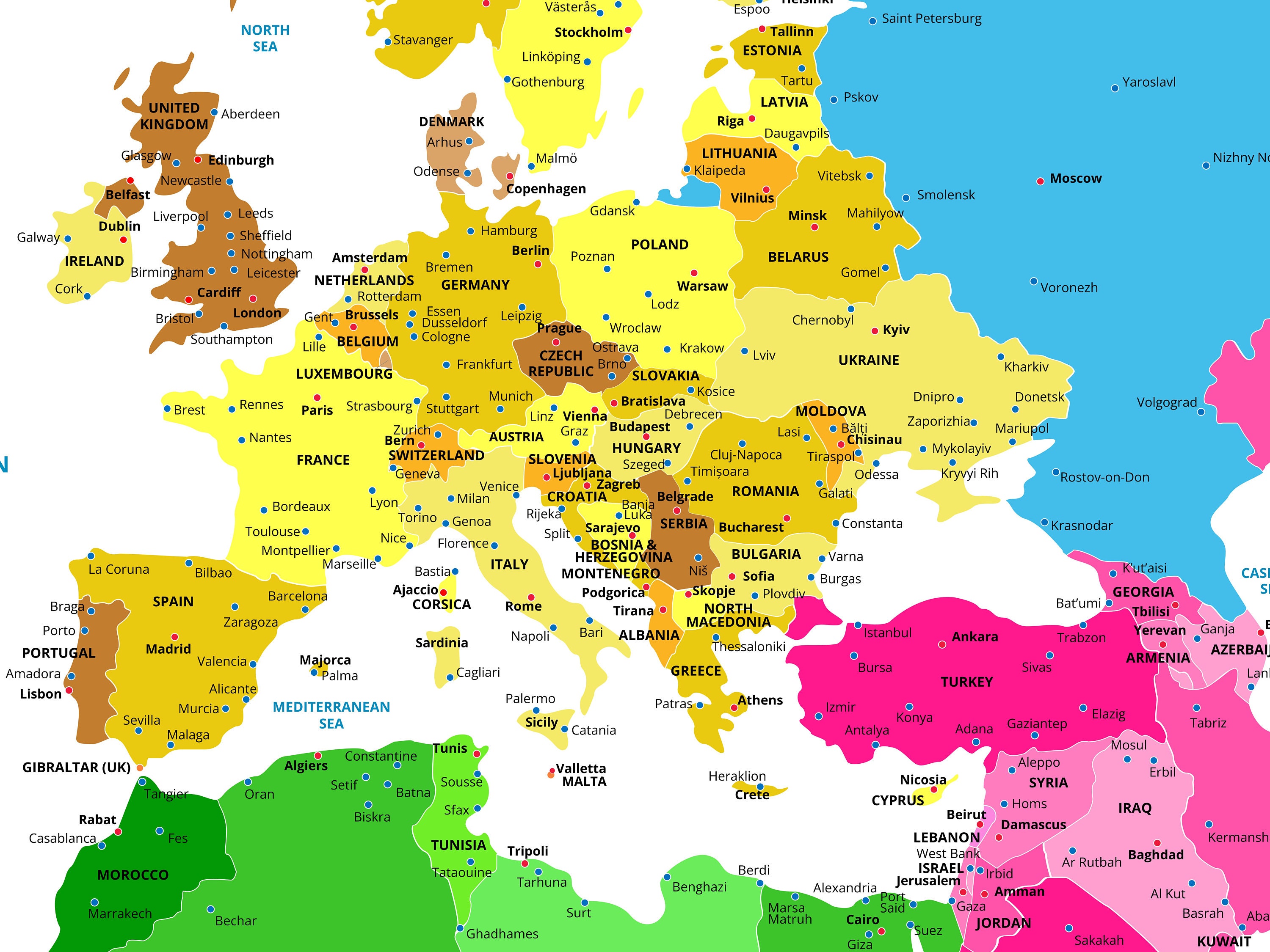 Large Detailed Map of Europe and Africa, Colourful Country Map Home ...