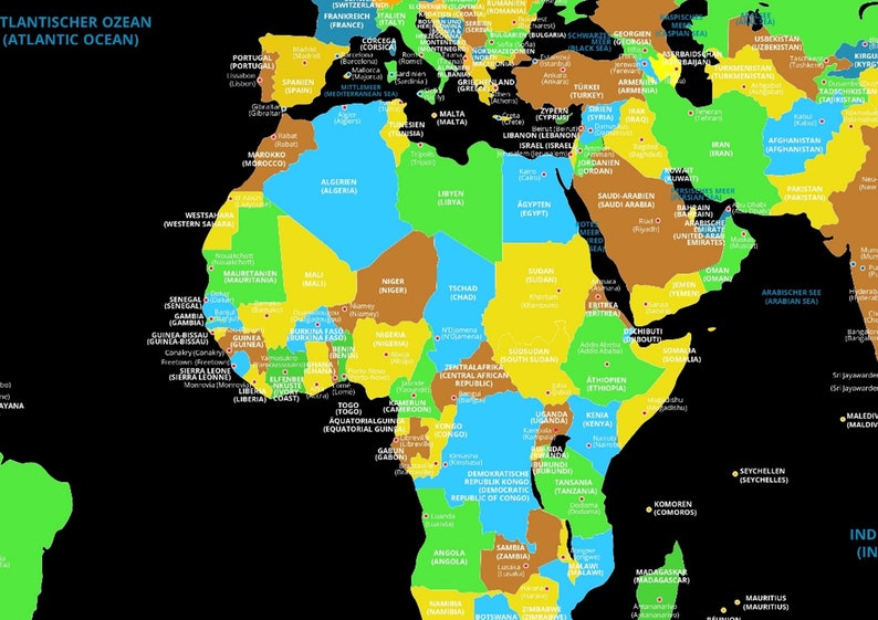German English World Map, World Wall Map, German Translation, Deutsch ...