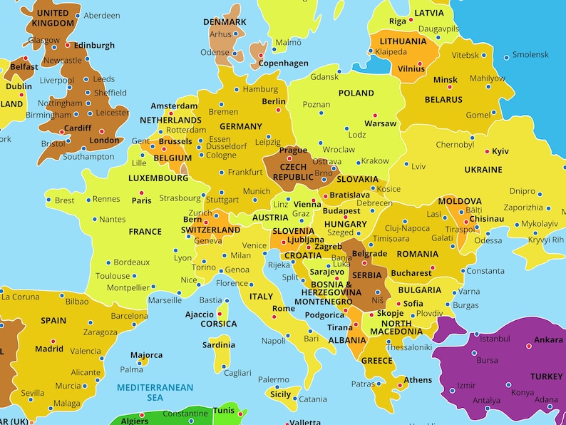 Bright Large Detailed World Map, Map of Europe, Asia, Africa and ...