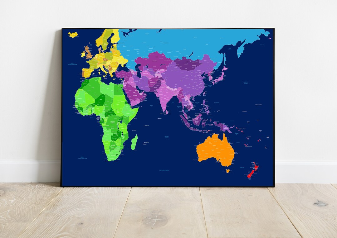 Bright Large Detailed World Map, Map of Europe, Asia, Africa and ...