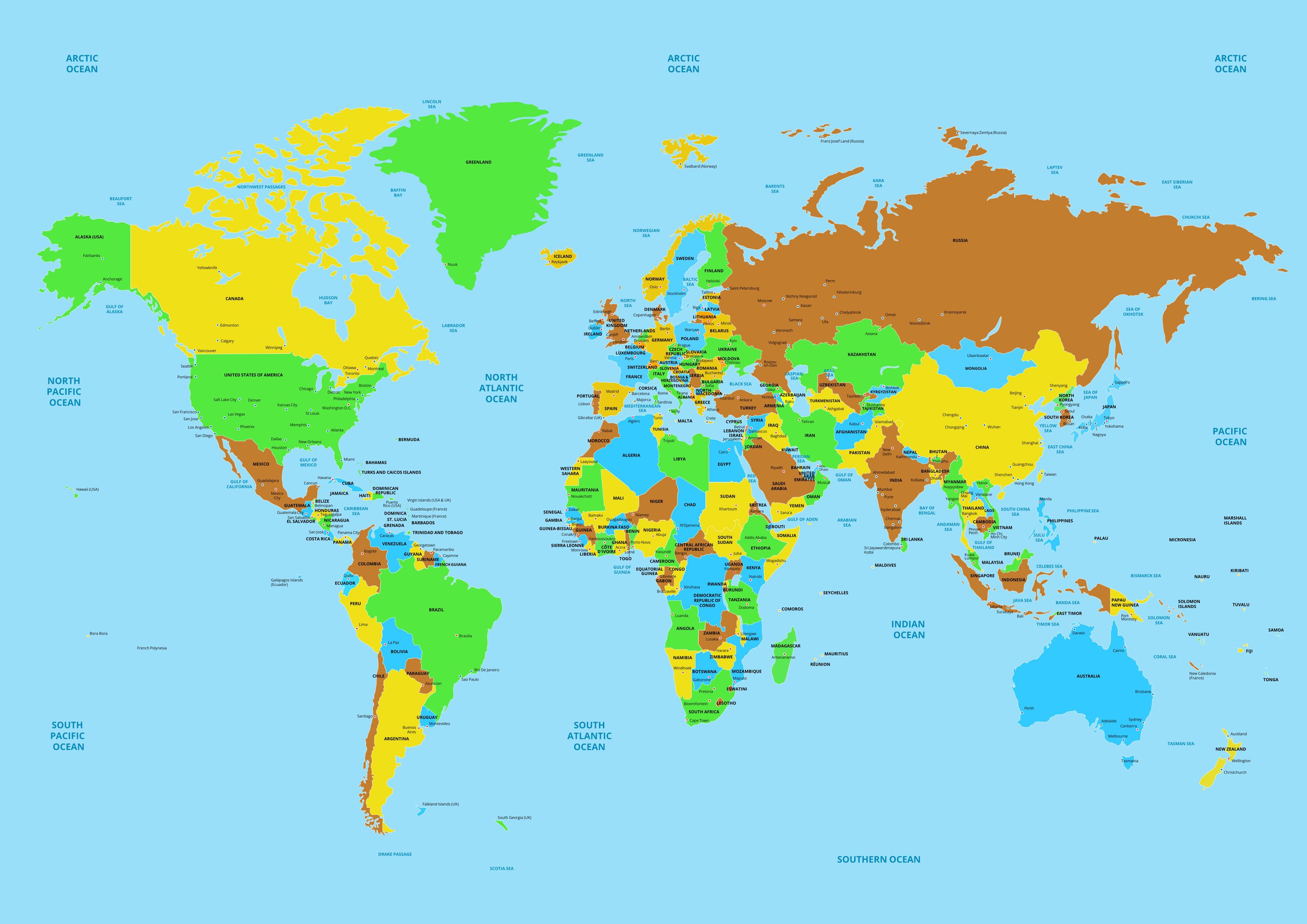 Detailed World Map With Capital Cities Wall Art Educational Geography ...