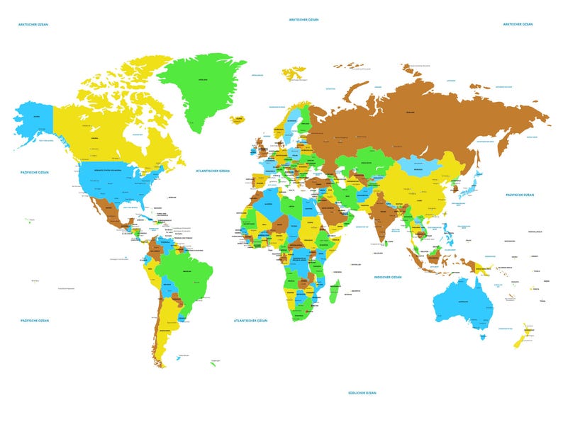 German Language World Map With Countries, Weltkarte in Deutscher ...