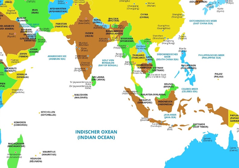 German English World Map, World Wall Map, German Translation, Deutsch ...
