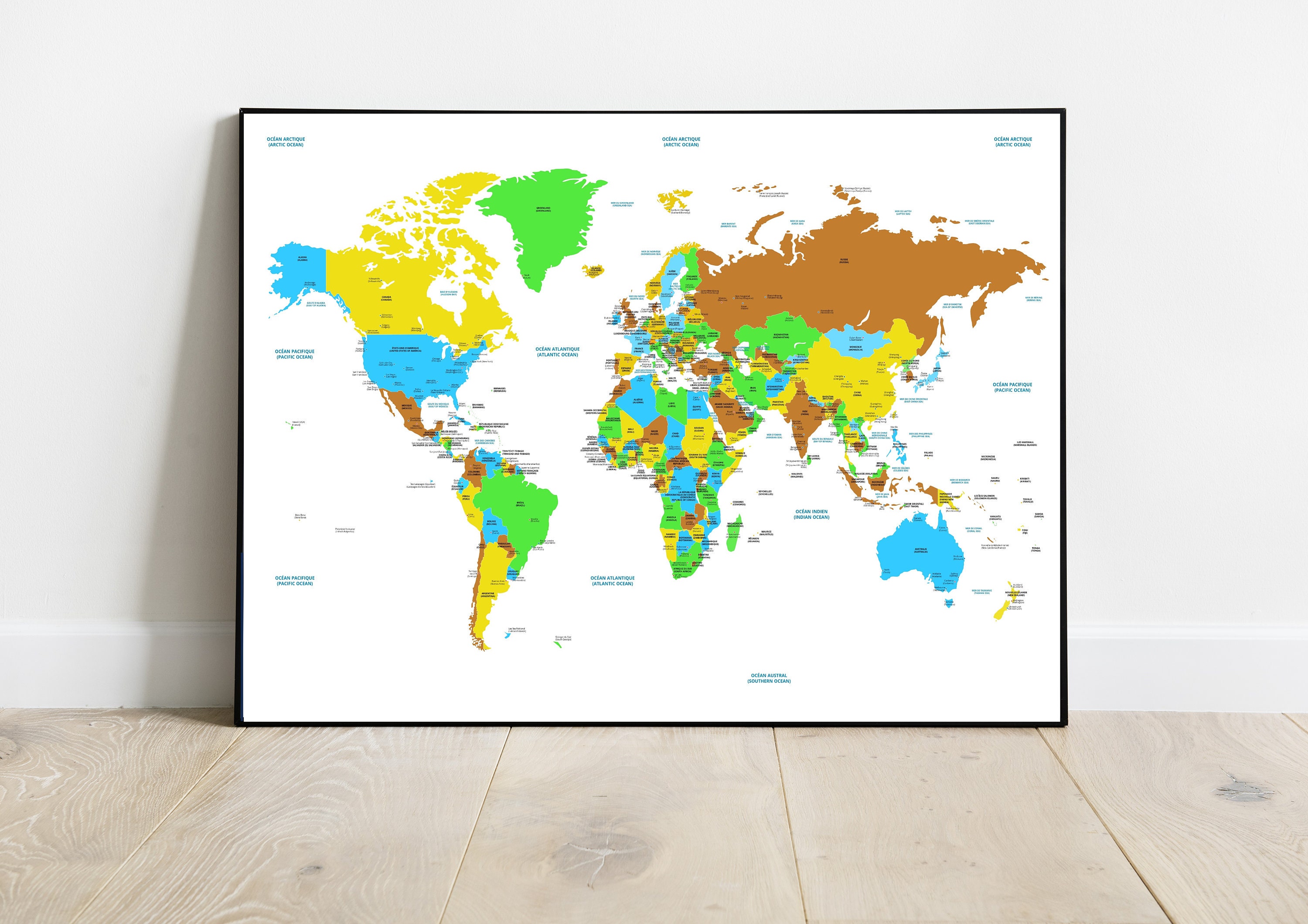 French English World Map, World Wall Map, French Countries World Map ...