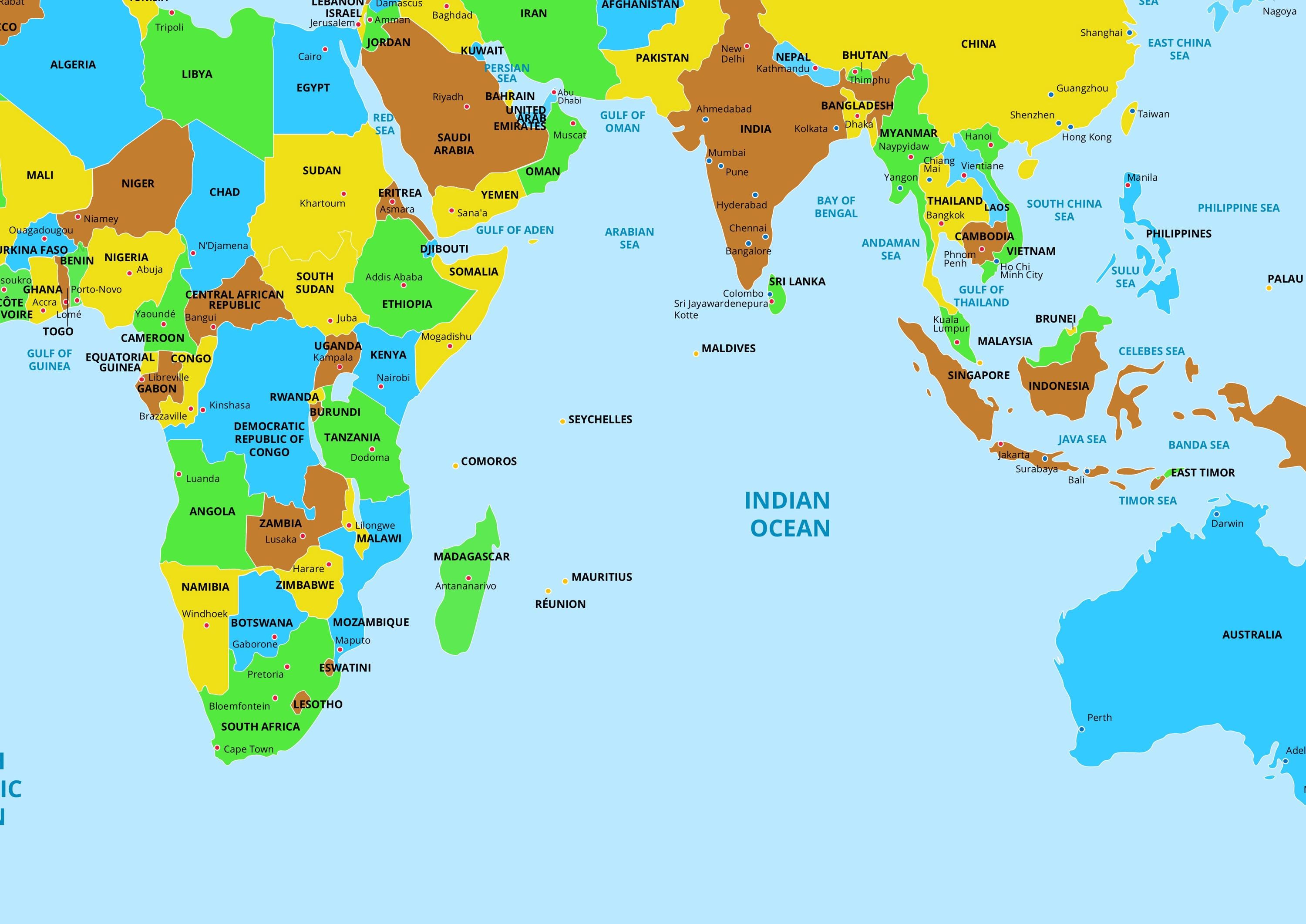 Detailed World Map With Capital Cities Wall Art Educational Geography ...