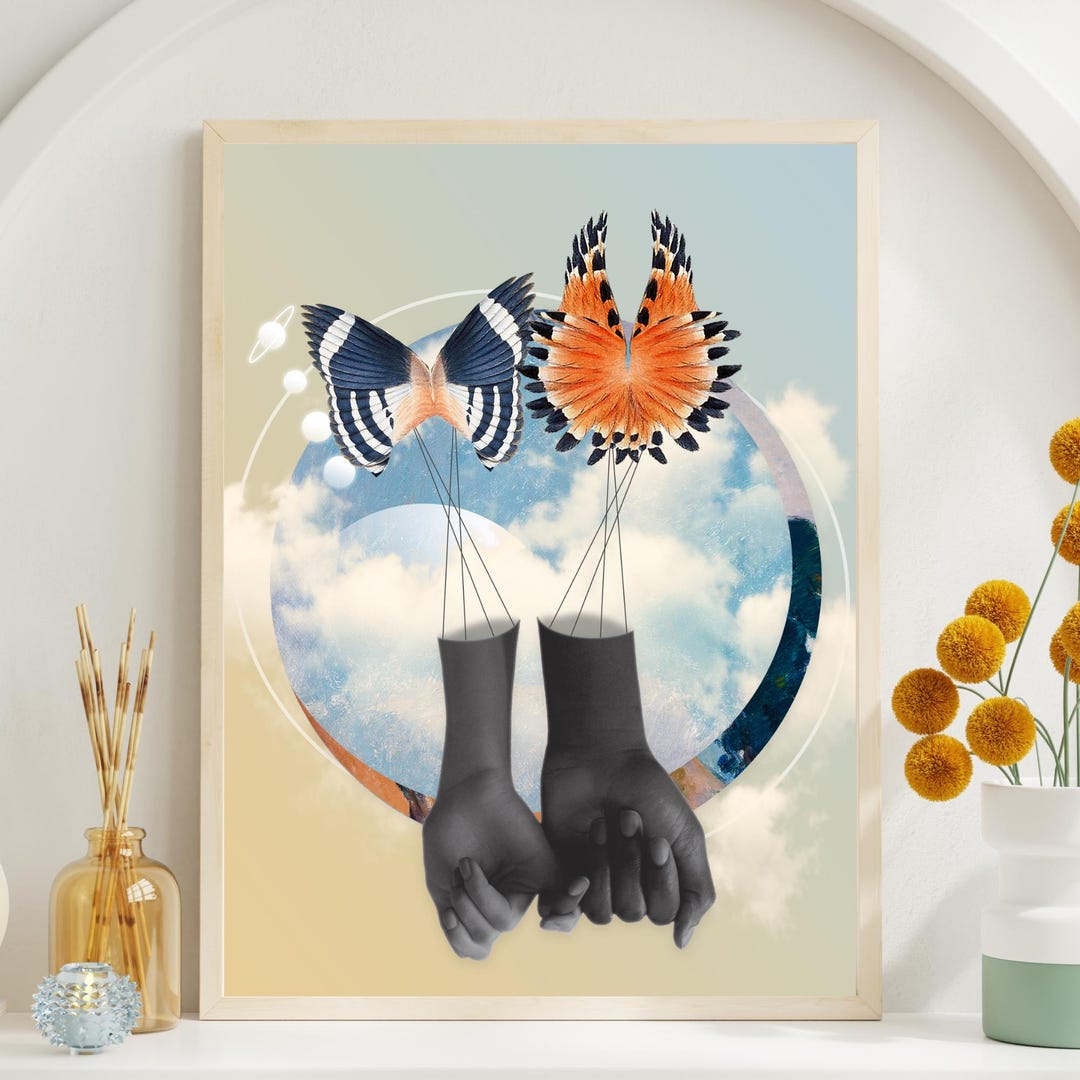 Surreal Pinky Promise Collage Art Print | Butterfly Retro Poster ...