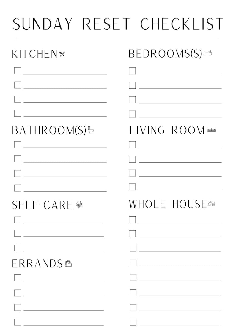 Printable Sunday Reset Checklist | Sunday To-do List PDF | Digital ...