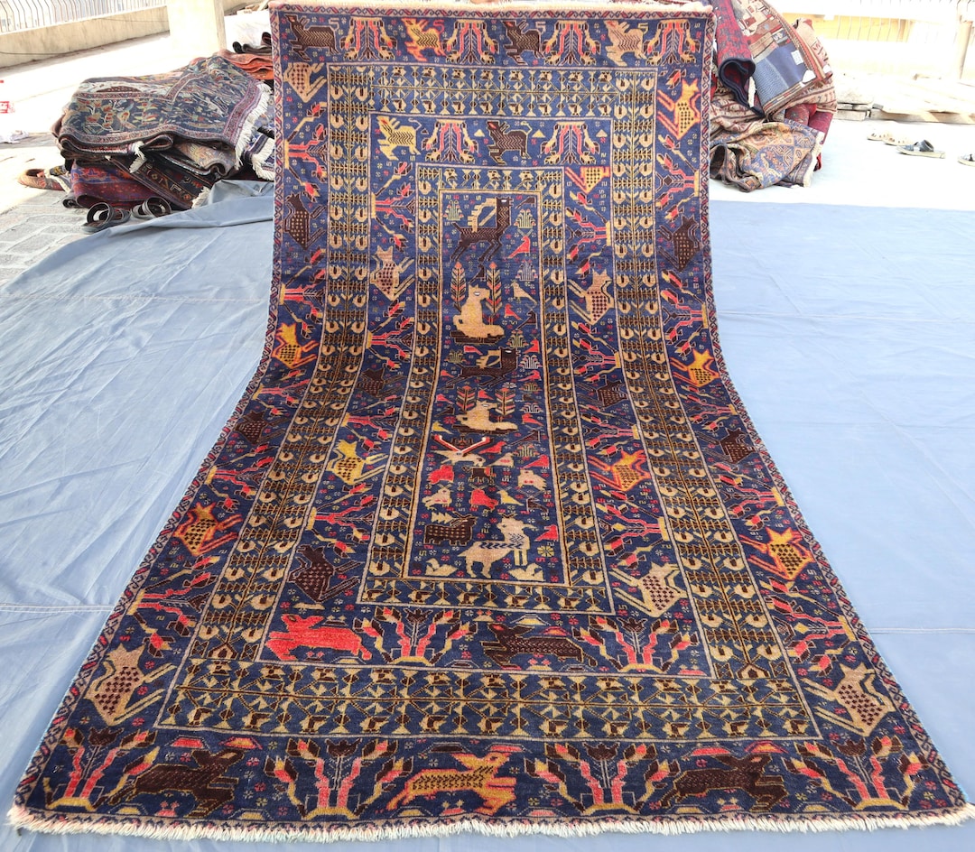 4x8 Ft Navy Blue Baluchi Pictorial Rug - Afghan Hand Knotted Wool Rug ...