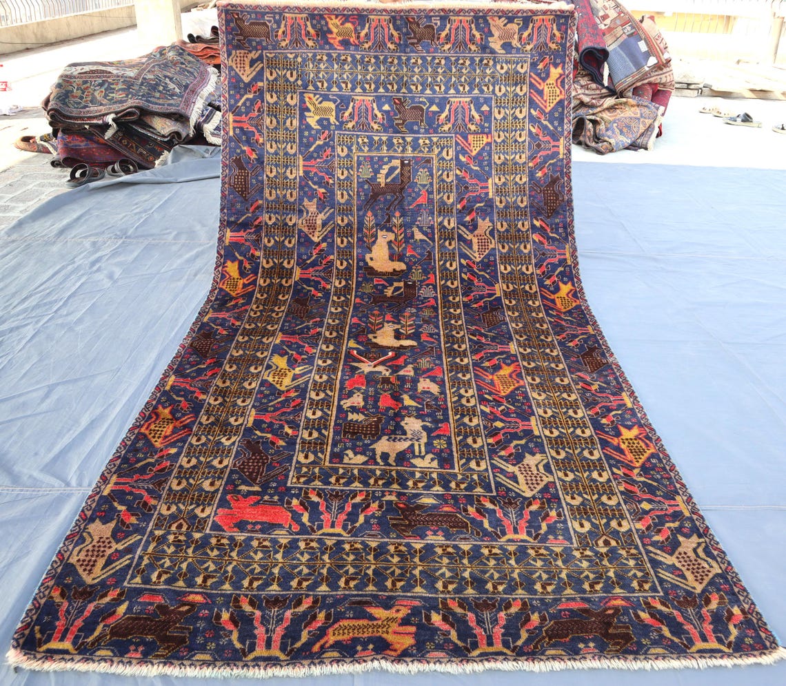 4x8 Ft Navy Blue Baluchi Pictorial Rug - Afghan Hand Knotted Wool Rug ...
