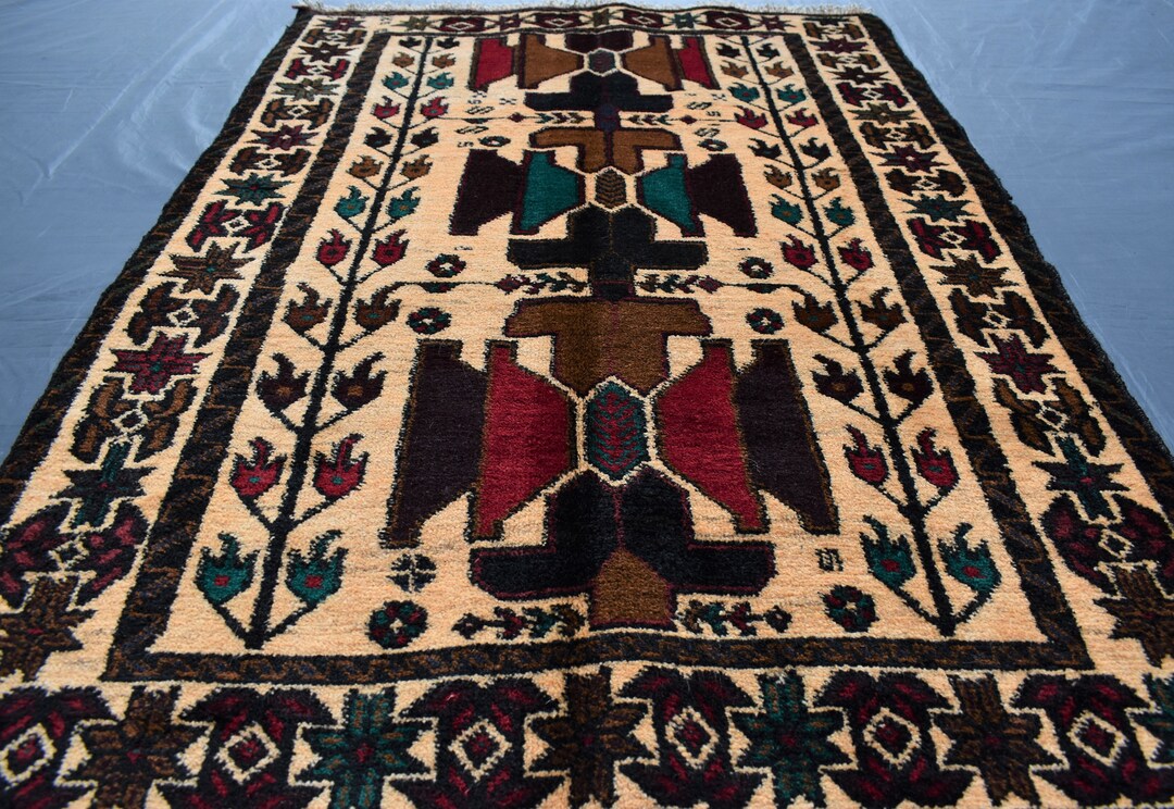 3x5 Ft Antique Flower Design Baluch Rug- Nomadic Turkoman Vintage ...