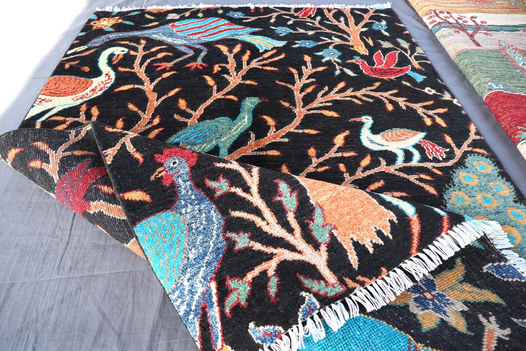 Tree of Life Peacock Birds Pictorial Rug, Afghan Handmade Wool Area Rug ...