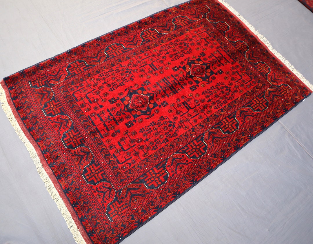AFGHAN RED RUG 3x5 Ft I Oriental Turkoman Bokhara Rug I Afghan Handmade ...