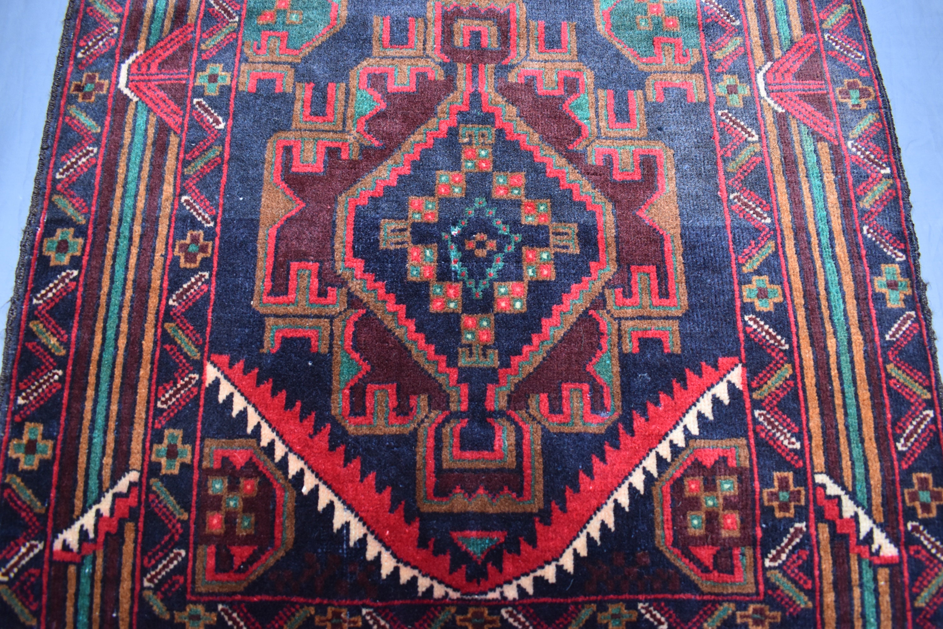 4.2x2.5 Vintage Rug, Red Blue Soft Wool Pile Handmade Area Rug, Natural ...