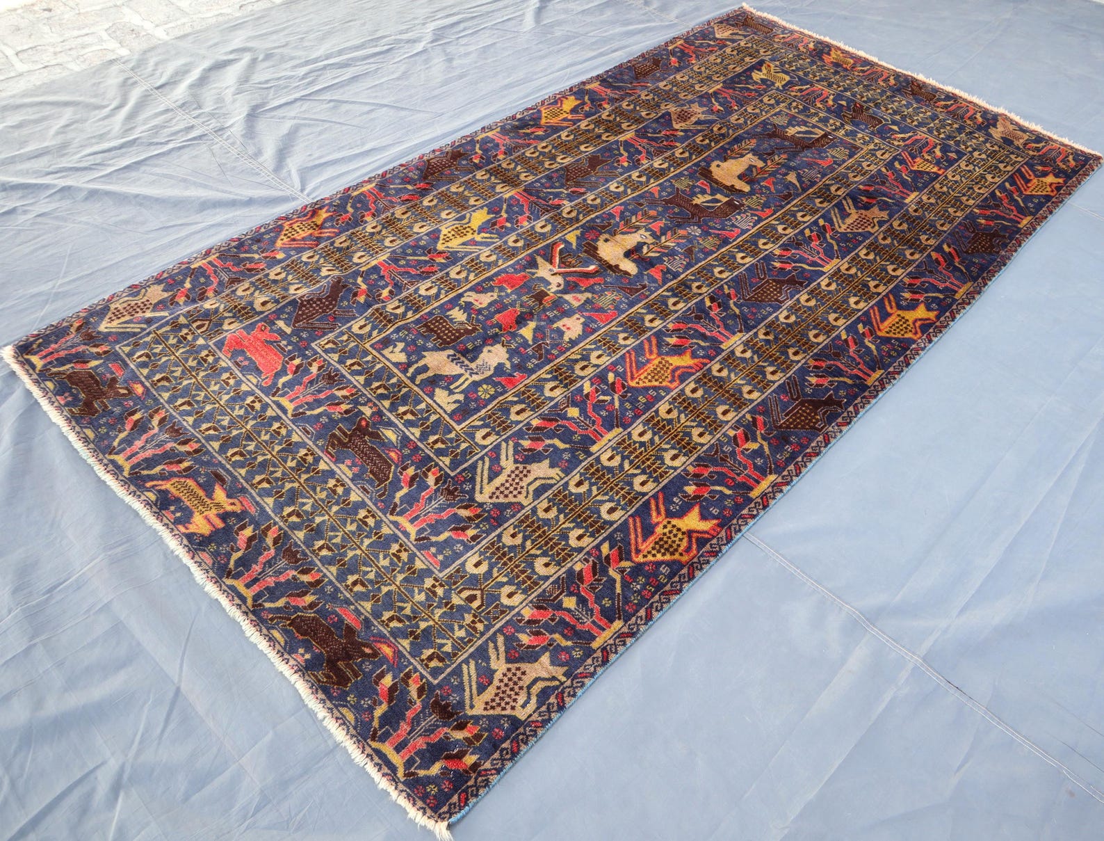 4x8 Ft Navy Blue Baluchi Pictorial Rug - Afghan Hand Knotted Wool Rug ...