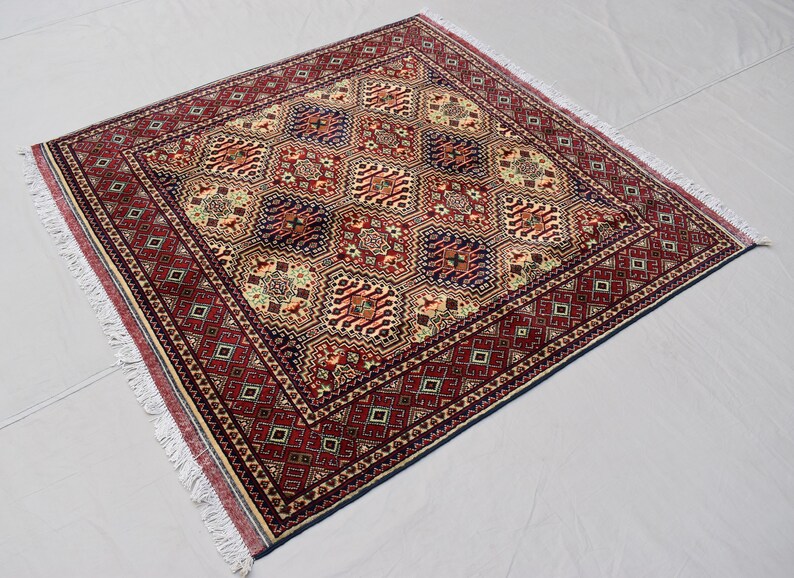 4x4 Square Floor Rug New Afghan Handmade Wool Rug Turkmen Antique Faded ...
