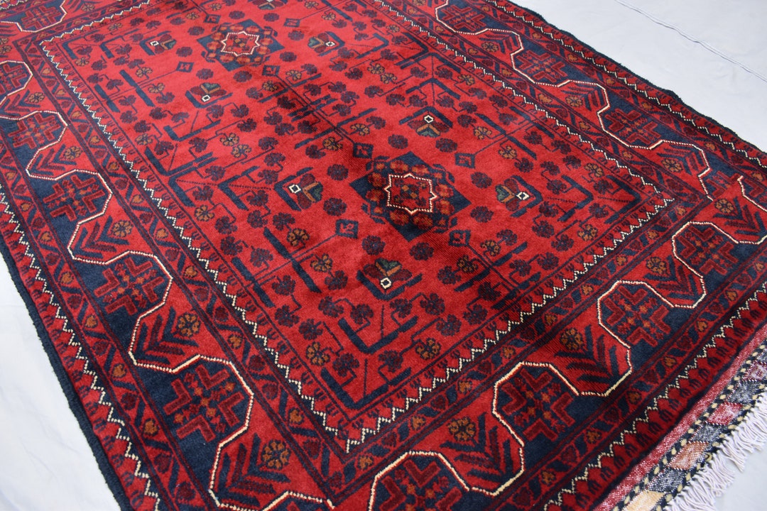 Afghan Red Carpet, 3.4x5.2 Ft, Gorgeous Rug, Handmade Rug, Turkoman ...