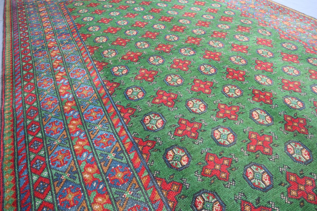 7x10 Green Afghan Bokhara Area Rug - Handmade Wool Rug - Bedroom Rug ...