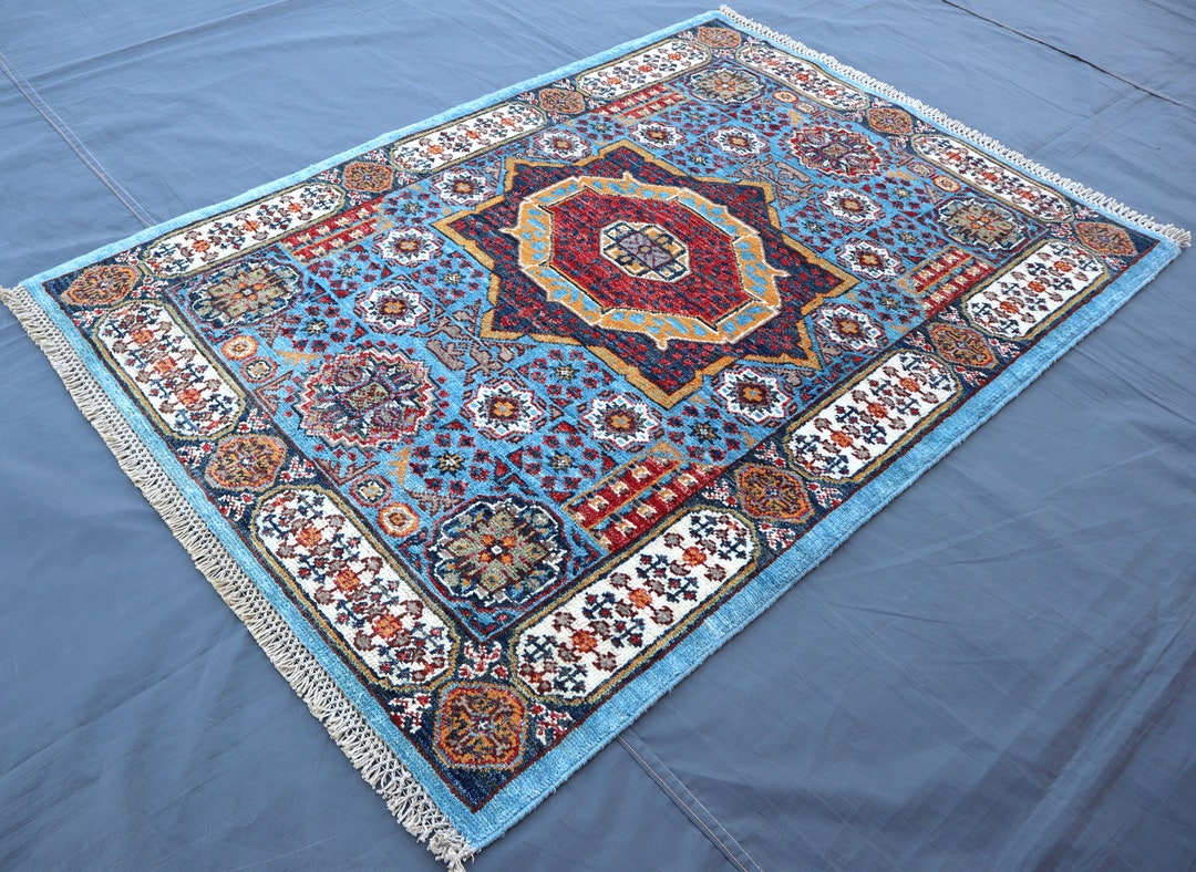 3x4 Ft Light Blue Afghan Mamluk Rug - Hand Knotted Veg Dyes Wool Rug ...