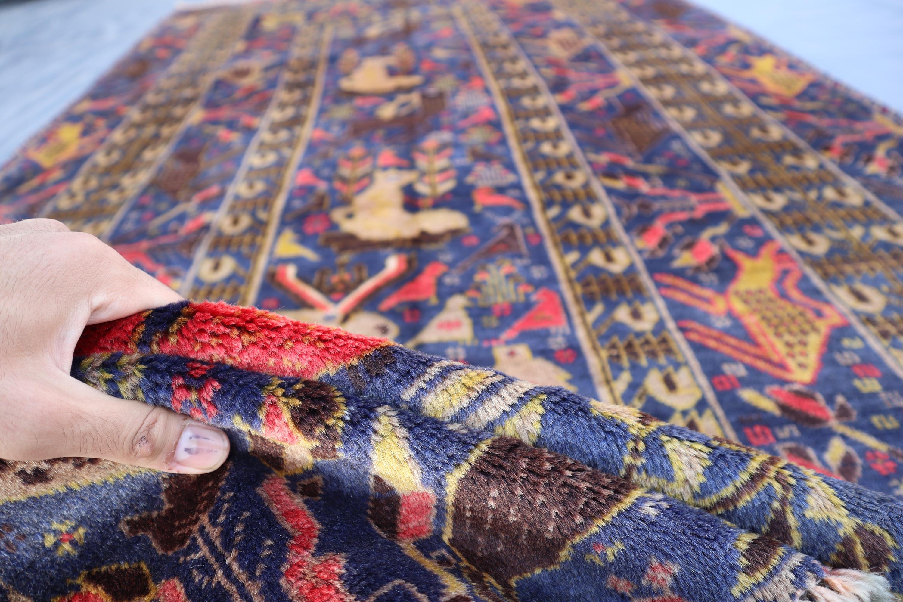 4x8 Ft Navy Blue Baluchi Pictorial Rug - Afghan Hand Knotted Wool Rug ...