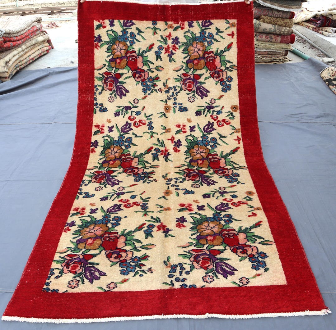 Caucasian Flower Antique Pictorial Rug 4x7 Ft, Turkmen Pattern Rug ...
