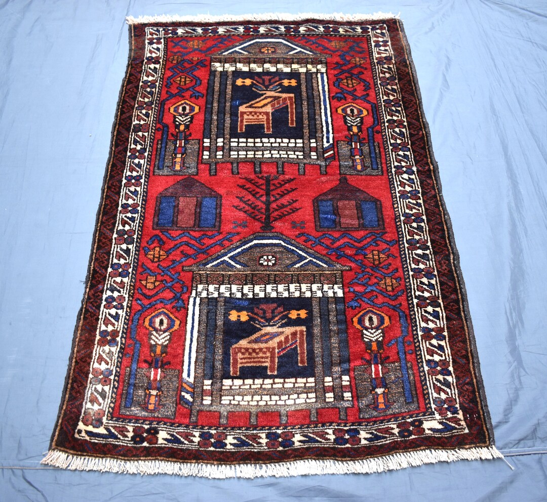 Antique Pictorial Rug, 2.9x4.6 Ft Vintage Geometric Afghan Handmade ...