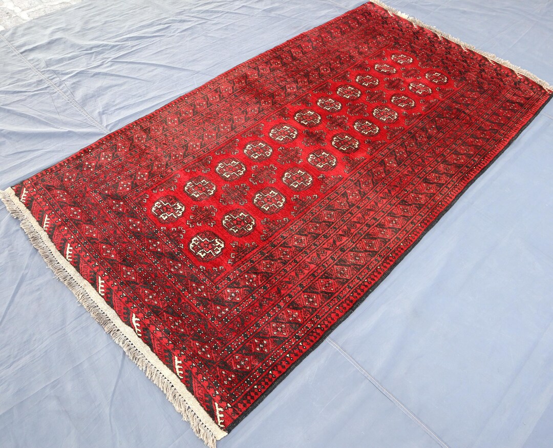 Antique Red Mori Gul Rug 3.7x6.10 Ft, Vintage Area Rug, Afghan Handmade ...