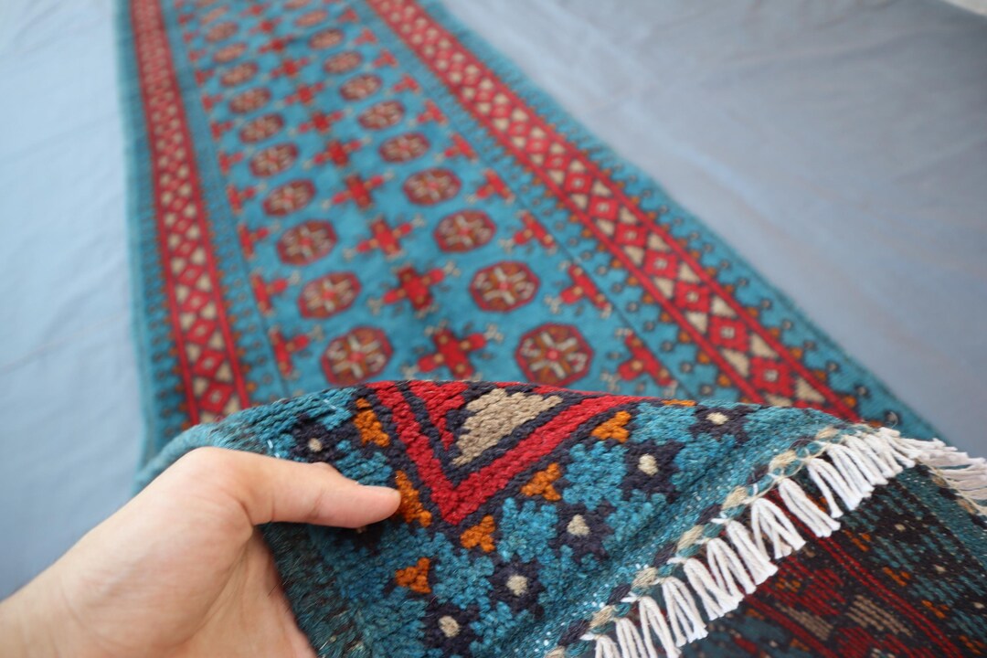 13 Ft Long Blue Runner Rug Afghan Turkmen Runner Hand Knotted Veg Dyes ...