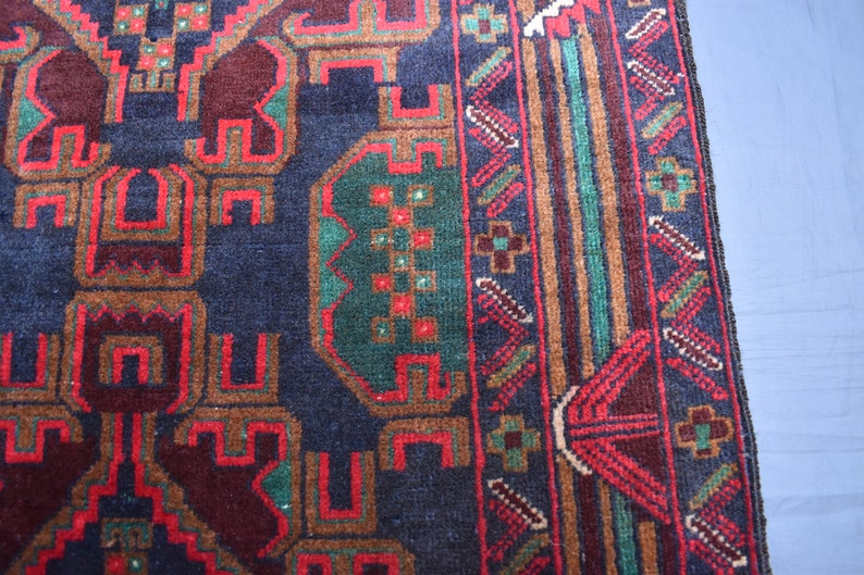 4.2x2.5 Vintage Rug, Red Blue Soft Wool Pile Handmade Area Rug, Natural ...