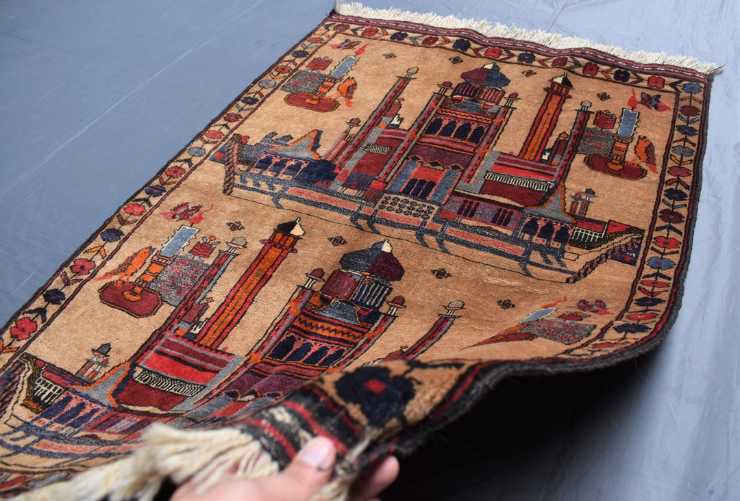 Antique Pictorial Rug 4.6x3.0 Ft- Handmade Pictorial Rug- Turkoman ...