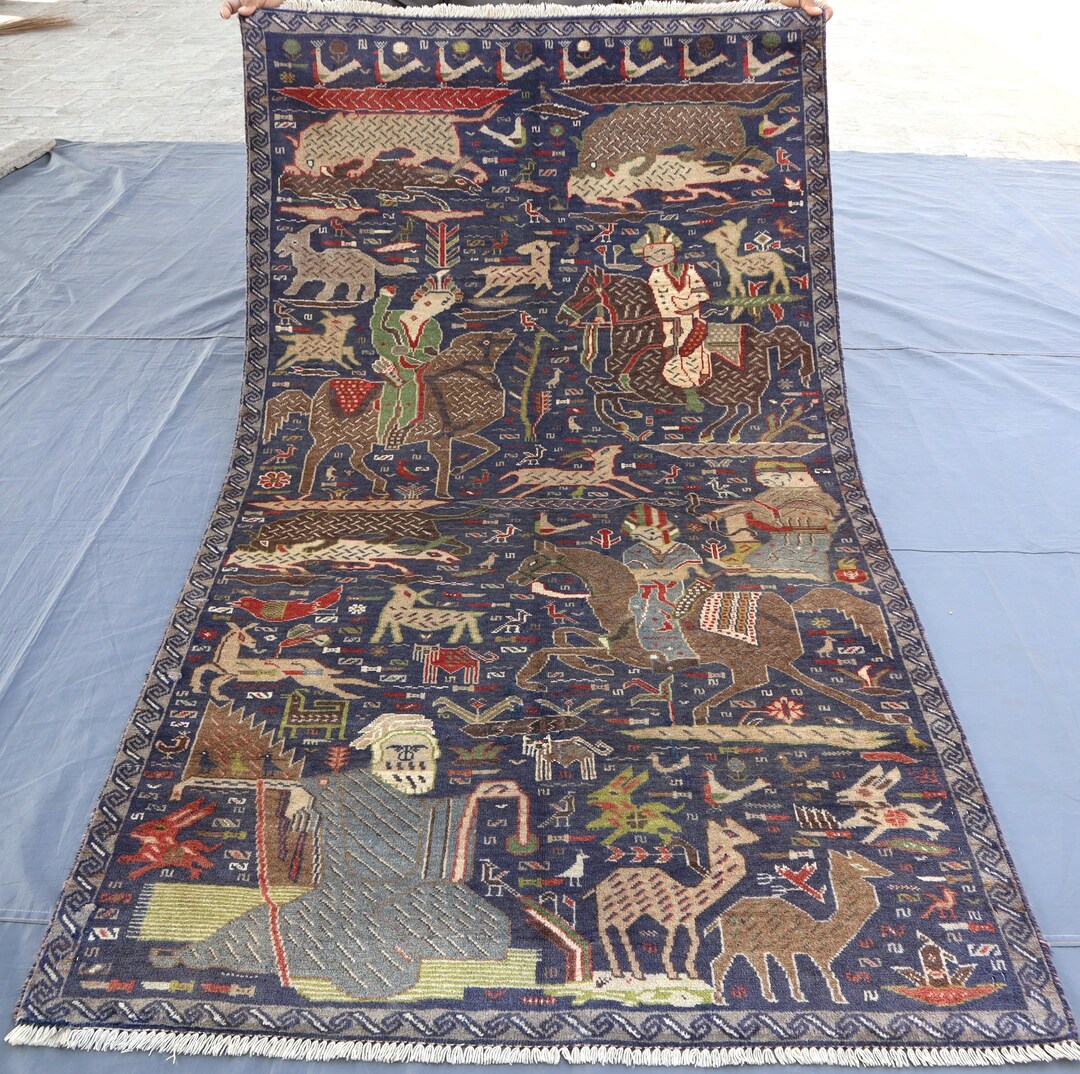 Afghan Pictorial Rug/ 3.9x6.9 Ft Vintage Handmade Pictorial Carpet ...